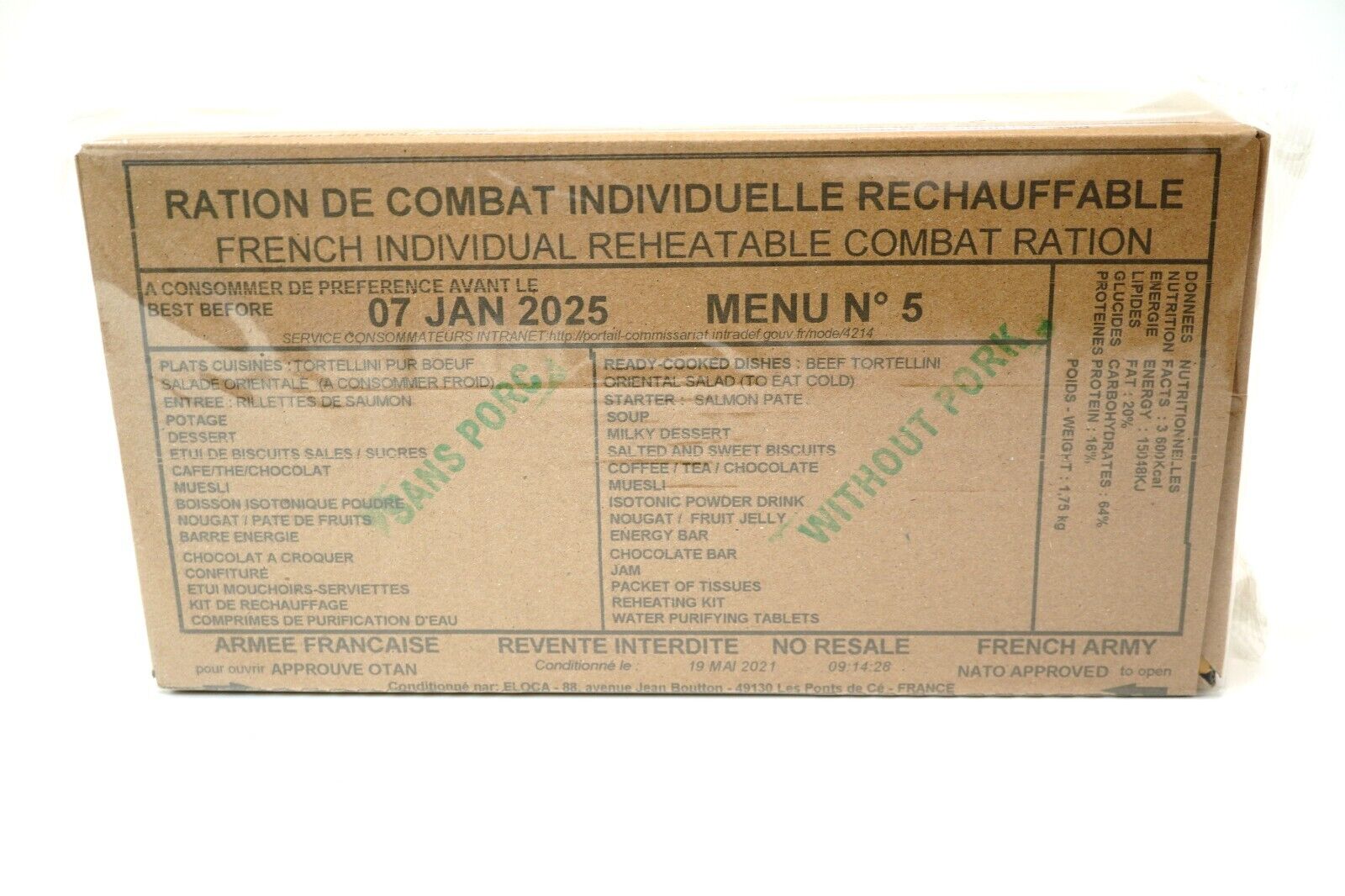 French Army RCIR Ration Pack Menu 5 (Expiry Jan 2025) 24 Hour Meal Mil ...