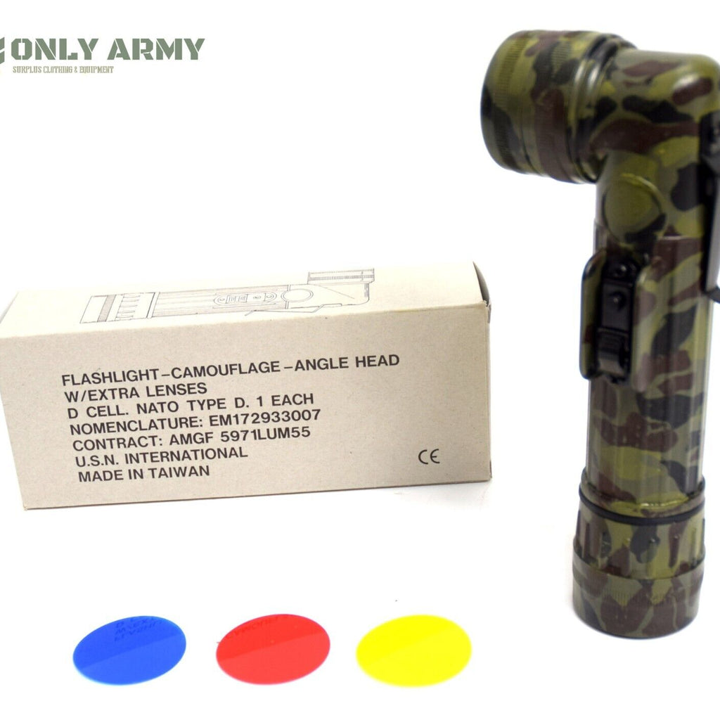 British Army CAMO Angle Torch Flashlight With Filters D Size Cadet Mil ...
